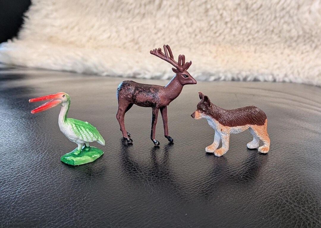 Vintage Plastic Animal Figures, Miniature Wolf, Deer, Pelican Cake ...