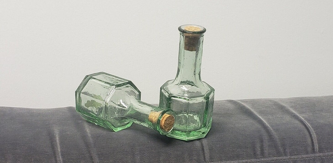 Vintage Green Glass Octagonal Bottles With Cork Tops, Thick 8 Sided ...