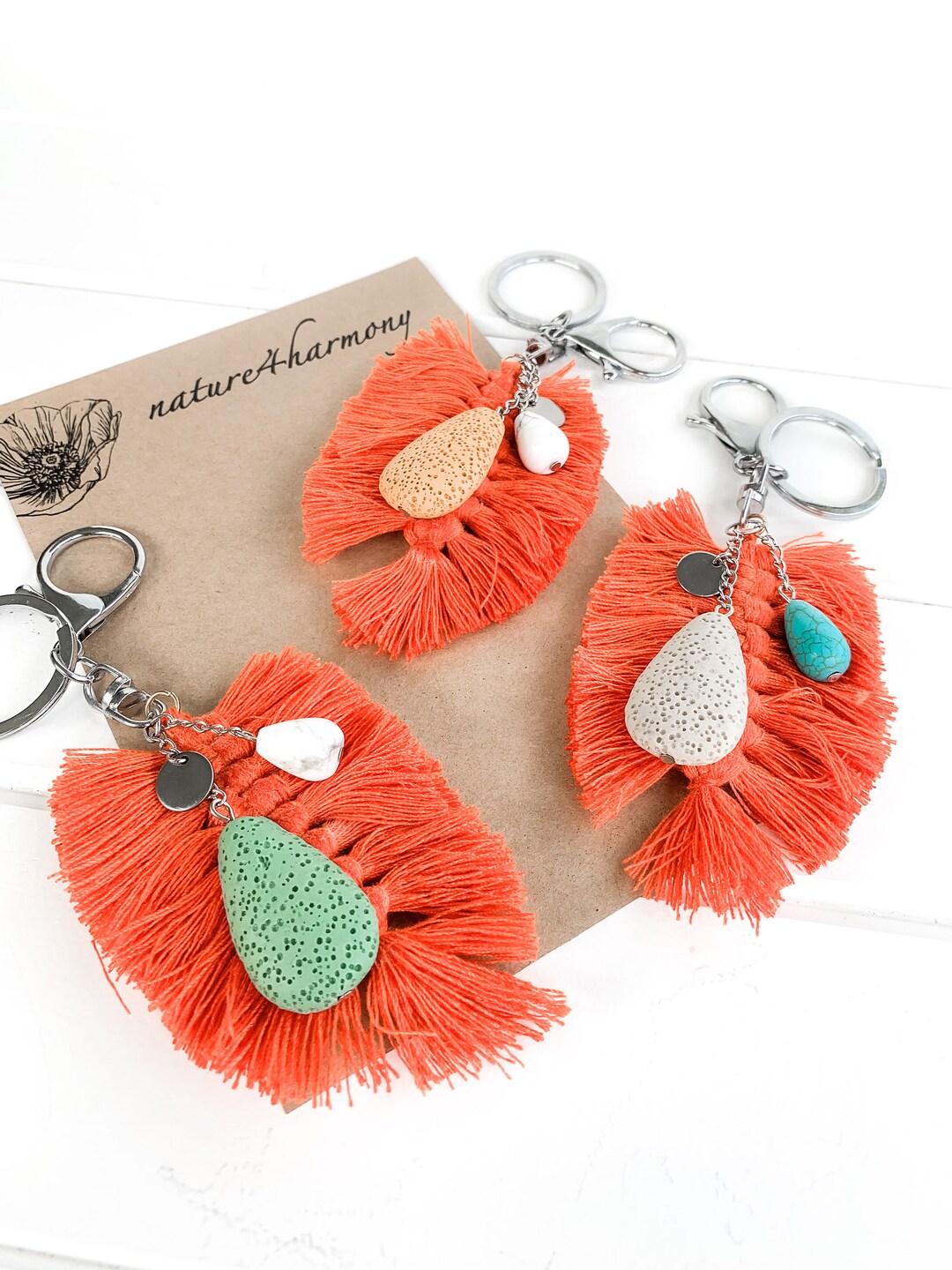 Rust Tassel Lava Key Chain With Beige Lava Stones - Etsy
