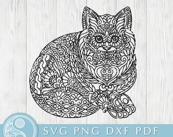 Digital file for Cricut Cat SVG Silhouette. Intricate zentangle mandala ...