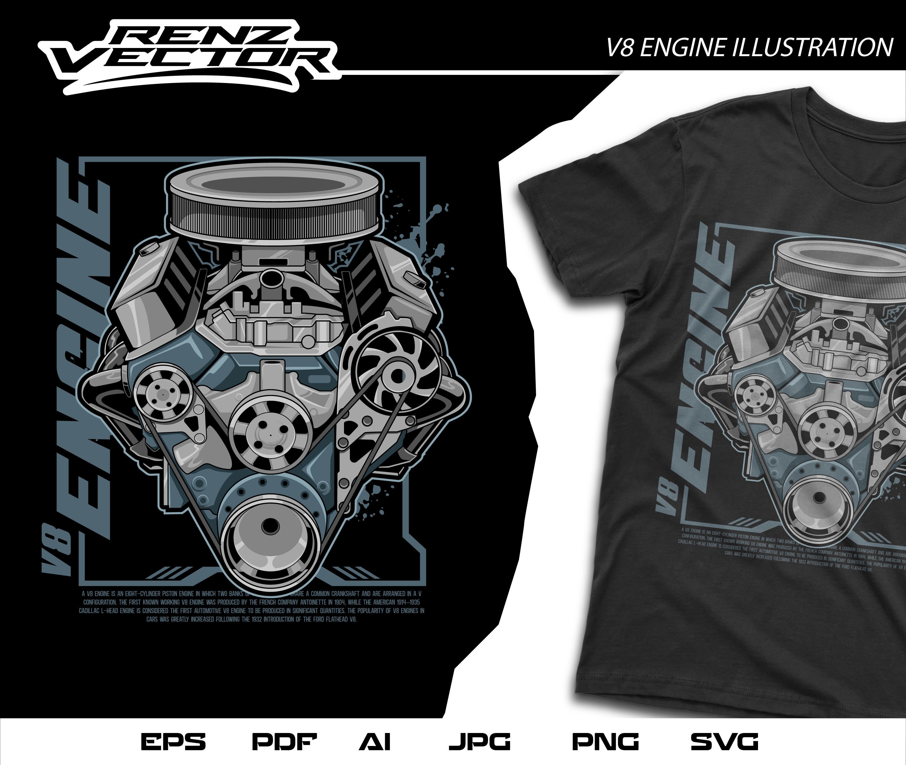 V8 Engine T-shirt, Engine Vector, T-shirt V8 Engine, V8 Engine Vector ...