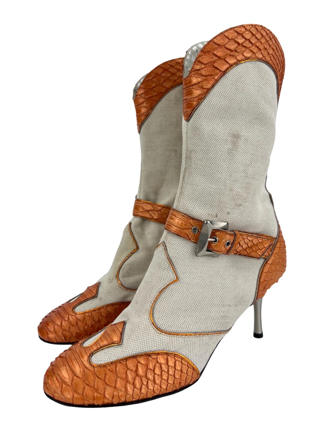 Rare Vintage Mario Cerruti High Heels Ankle Boots Snake Skin Linen ...