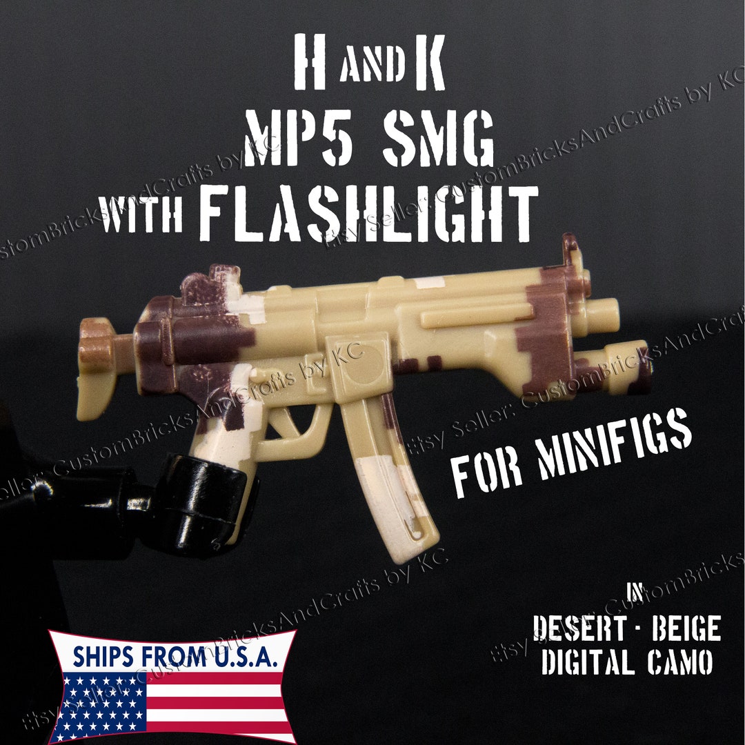 H&K MP5 SMG W/ Flashlight for Minifigs CUSTOM TOY Brick Desert Beige ...