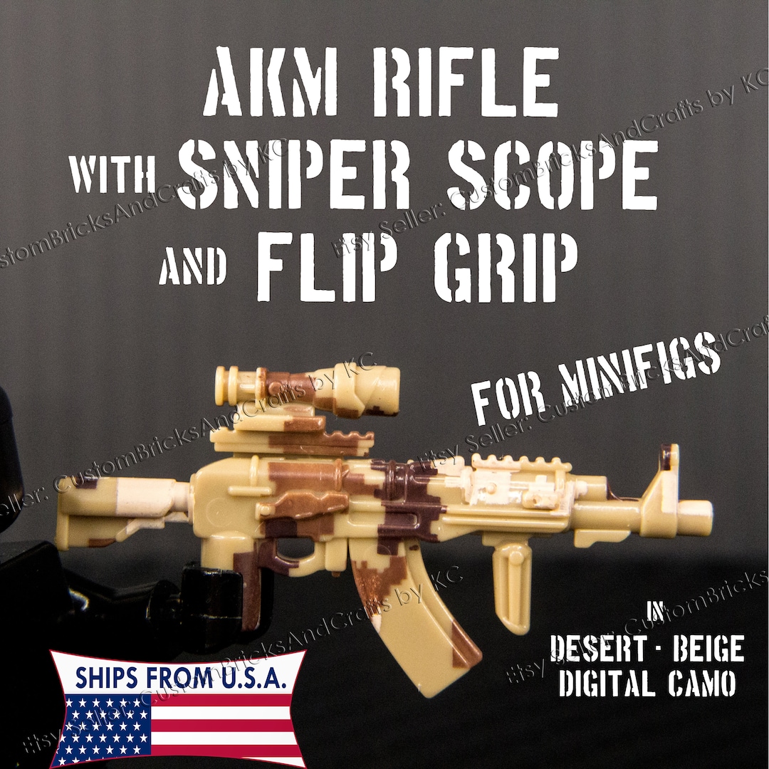 AKM Rifle W/ Scope for Minifigs CUSTOM TOY Brick Desert Beige Digi Camo ...