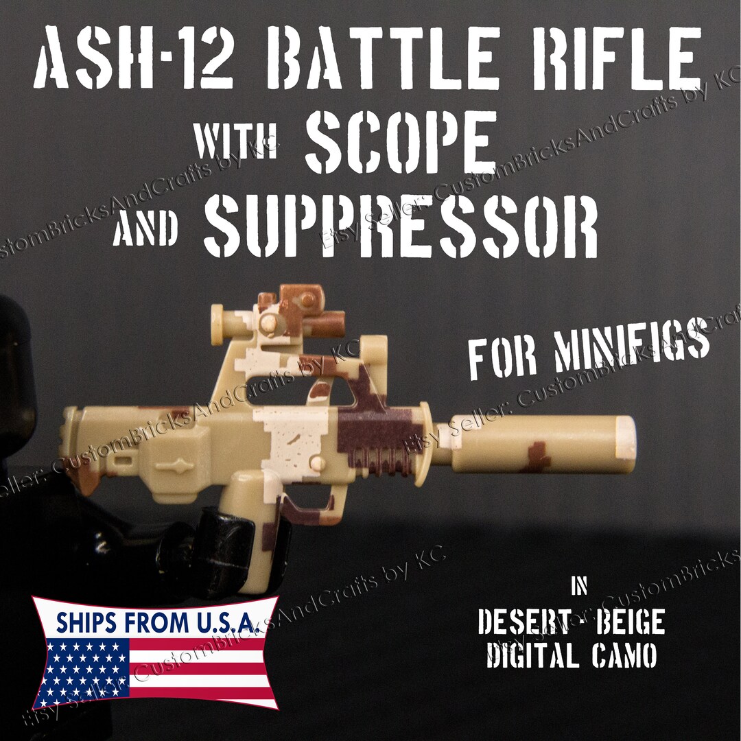 ASH12 Battle Rifle for Minifigs CUSTOM TOY Brick Desert Beige Digi Camo ...