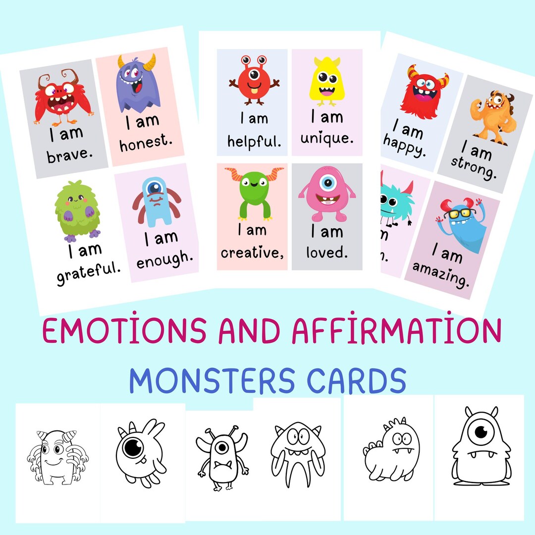 Emotions and Affirmation Monsters Cards for Kids, Coloring Monsters - Etsy