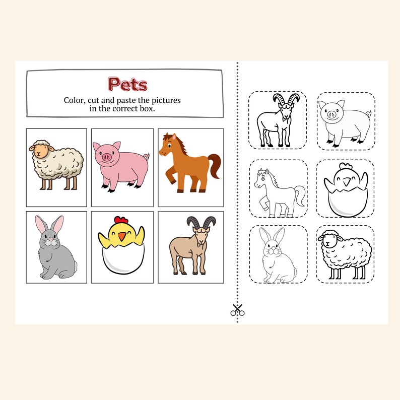 Animal Activity Worksheets, Cut and Paste Printable for Kids, Pets and ...