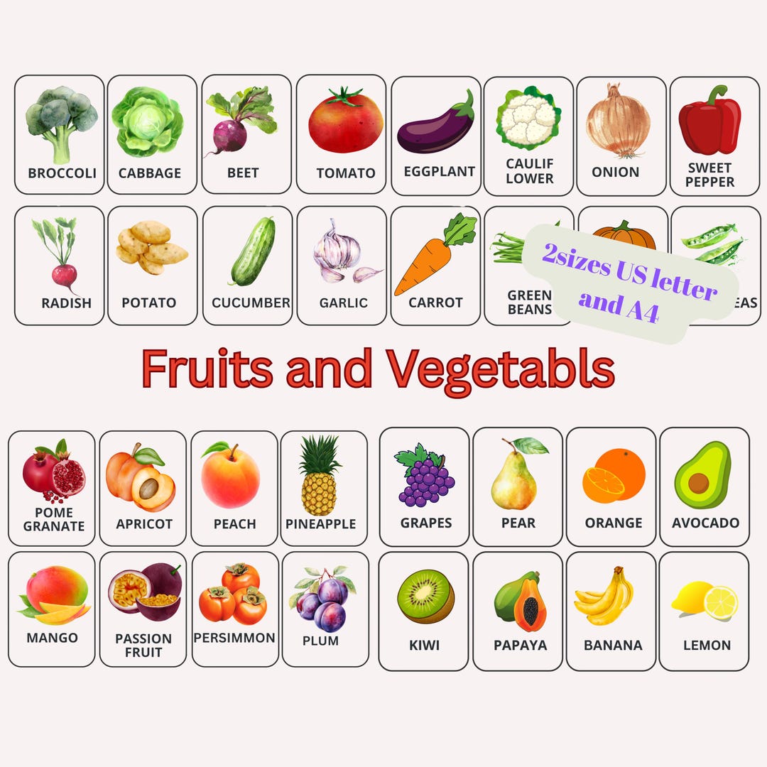 Fruit and Vegetable Flashcards, Printable Download, Set of 64 Cards ...