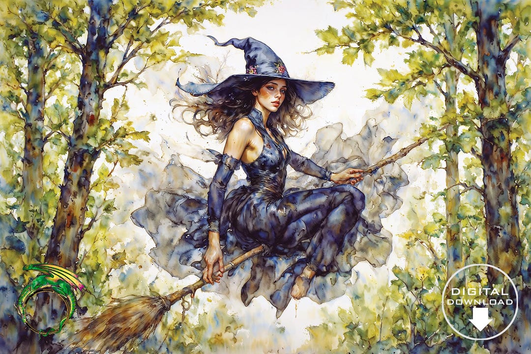 Witch Flying on a Broomstick Watercolour Print, Enchanting Halloween ...