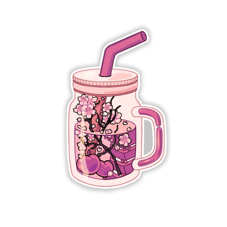 Pink Sakura Aesthetic Boba Drink Waterproof / Weatherproof Sticker, 3in ...