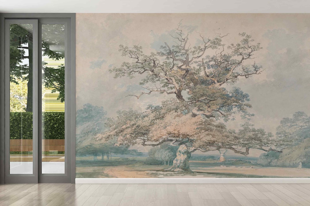 Big Green Tree on Wallpaper Pill & Stick or Non Woven Vintage Nature ...