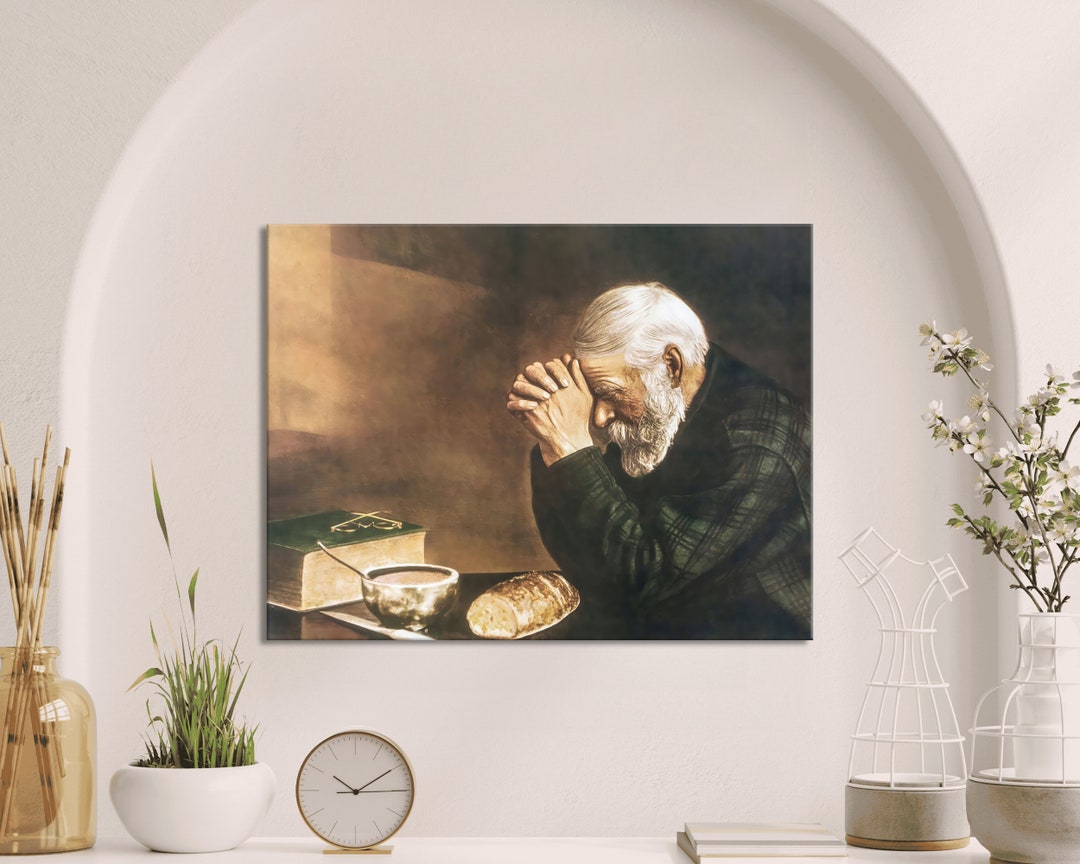Daily Bread Man Praying at Dinner Table Grace Religious Picture Art ...