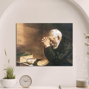 Daily Bread Man Praying at Dinner Table Grace Religious Picture Art ...