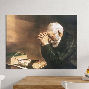 Daily Bread Man Praying at Dinner Table Grace Religious Picture Art ...