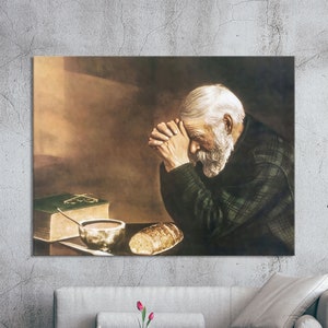 Daily Bread Man Praying at Dinner Table Grace Religious Picture Art ...