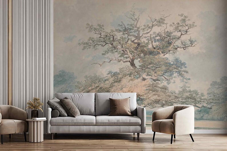 Big Green Tree on Wallpaper Pill & Stick or Non Woven Vintage Nature ...