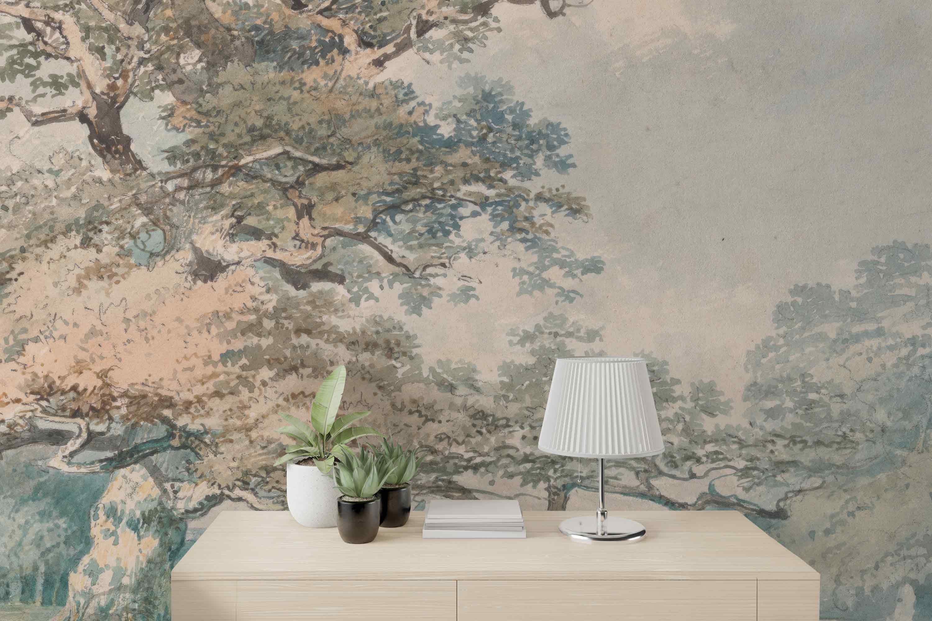 Big Green Tree on Wallpaper Pill & Stick or Non Woven Vintage Nature ...