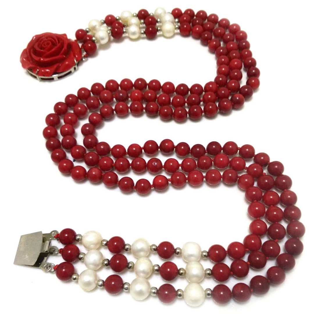 17-19 Inches 3 Rows 7-8mm Red Round Natural Coral & Pearls Necklace - Etsy