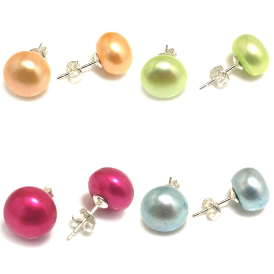 11-12mm Colored Natural Flat Pearl 925 Sterling Silver Stud Earring - Etsy