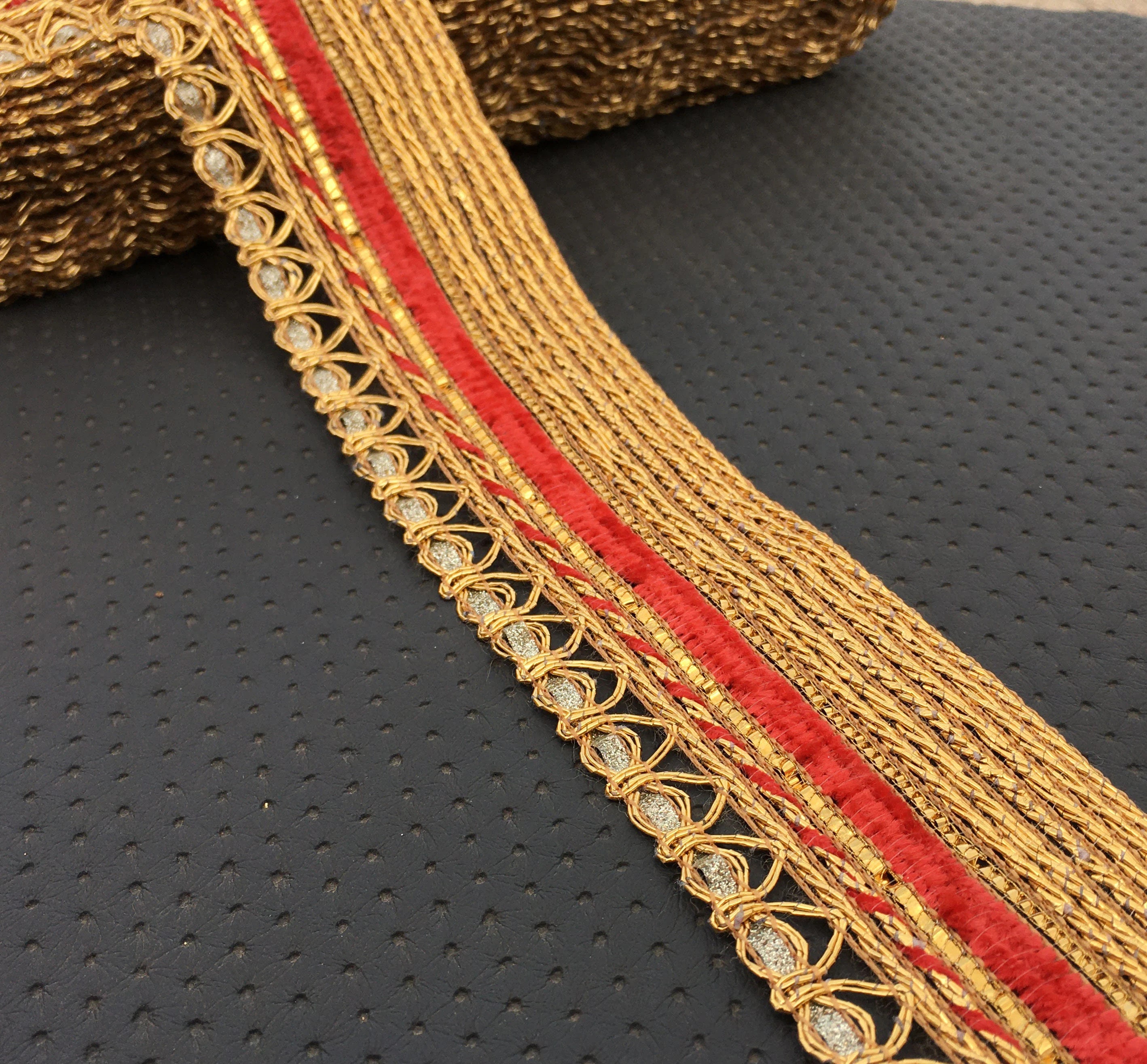By Yard Golden Trim With Velvet Border Sequin and Fringe Style Ribbon ...
