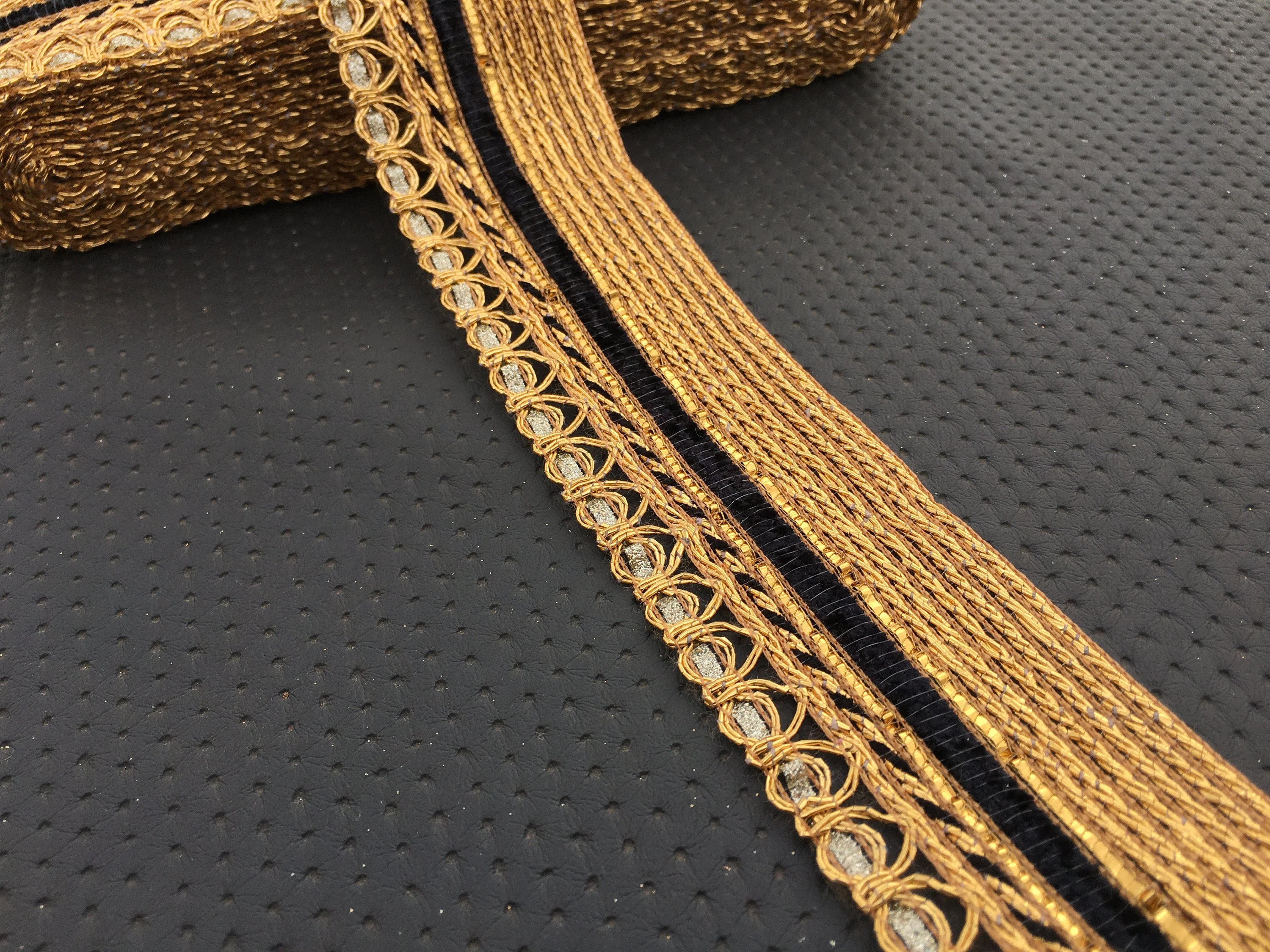 By Yard Golden Trim With Velvet Border Sequin and Fringe Style Ribbon ...