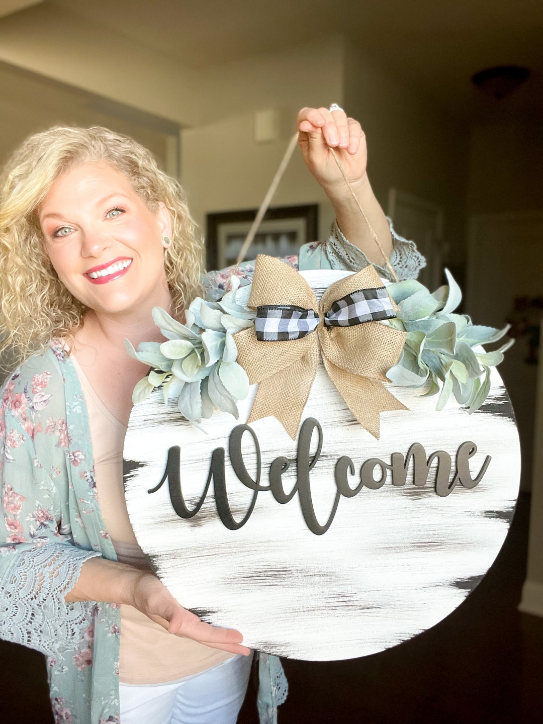 Farmhouse Welcome Door Hanger: Distressed Wood, Bow & Greenery - Etsy