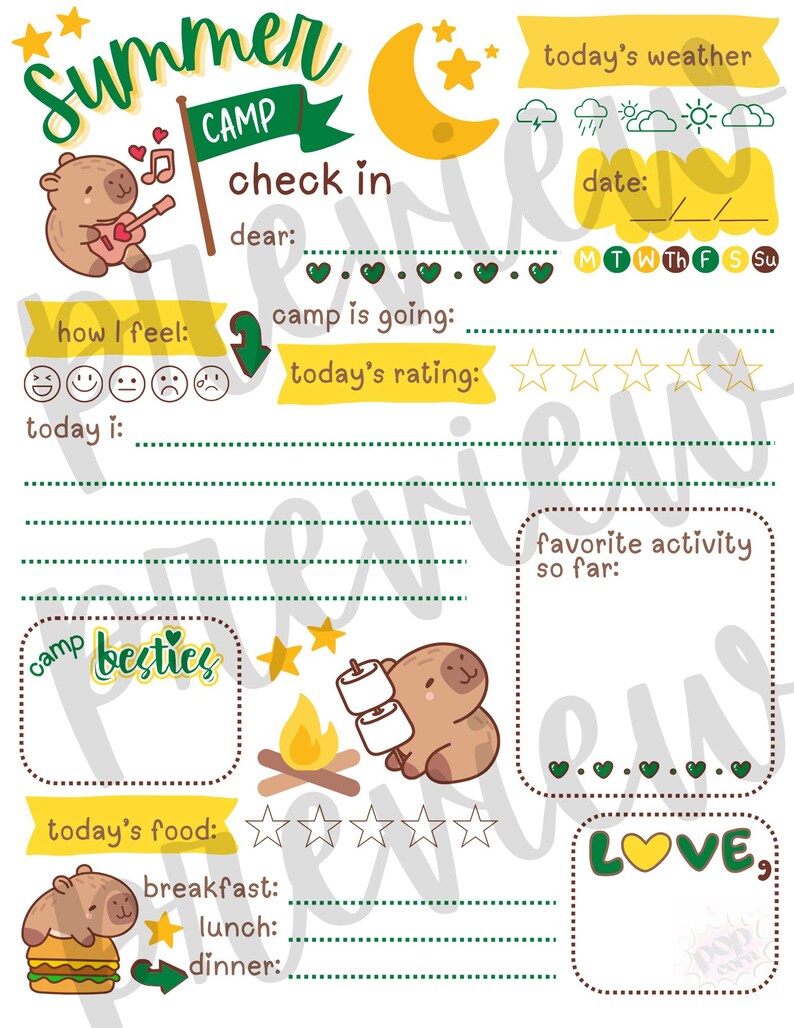 Printable Summer Camp Check-in Page | CAPYBARA THEMED | Kids Camp ...