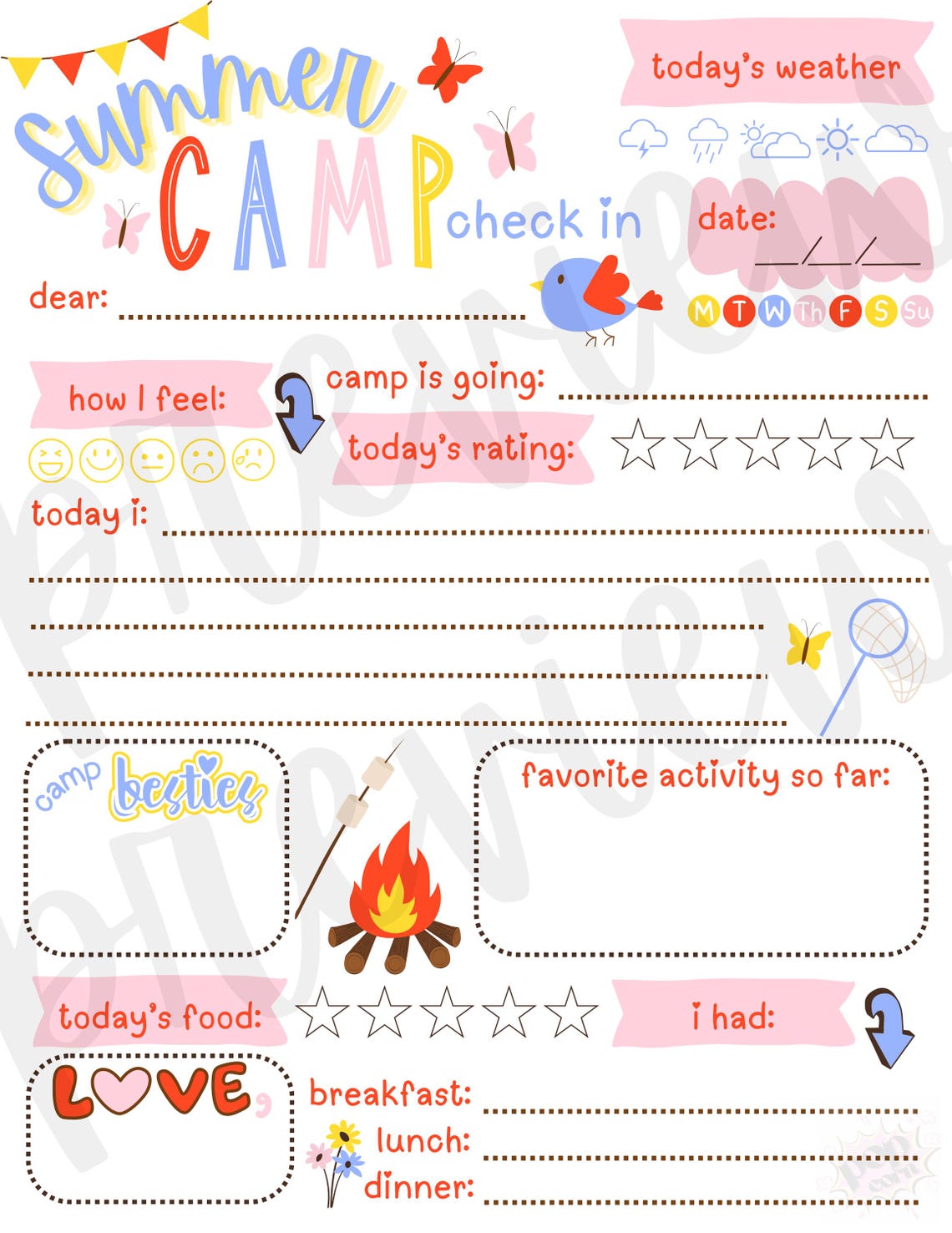 Printable Summer Camp Check-in Page | Kids Camp Journal PDF | Day Camp ...