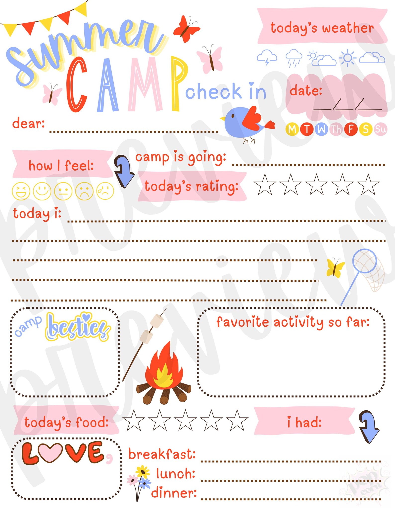 Printable Summer Camp Check-in Page | Kids Camp Journal PDF | Day Camp ...