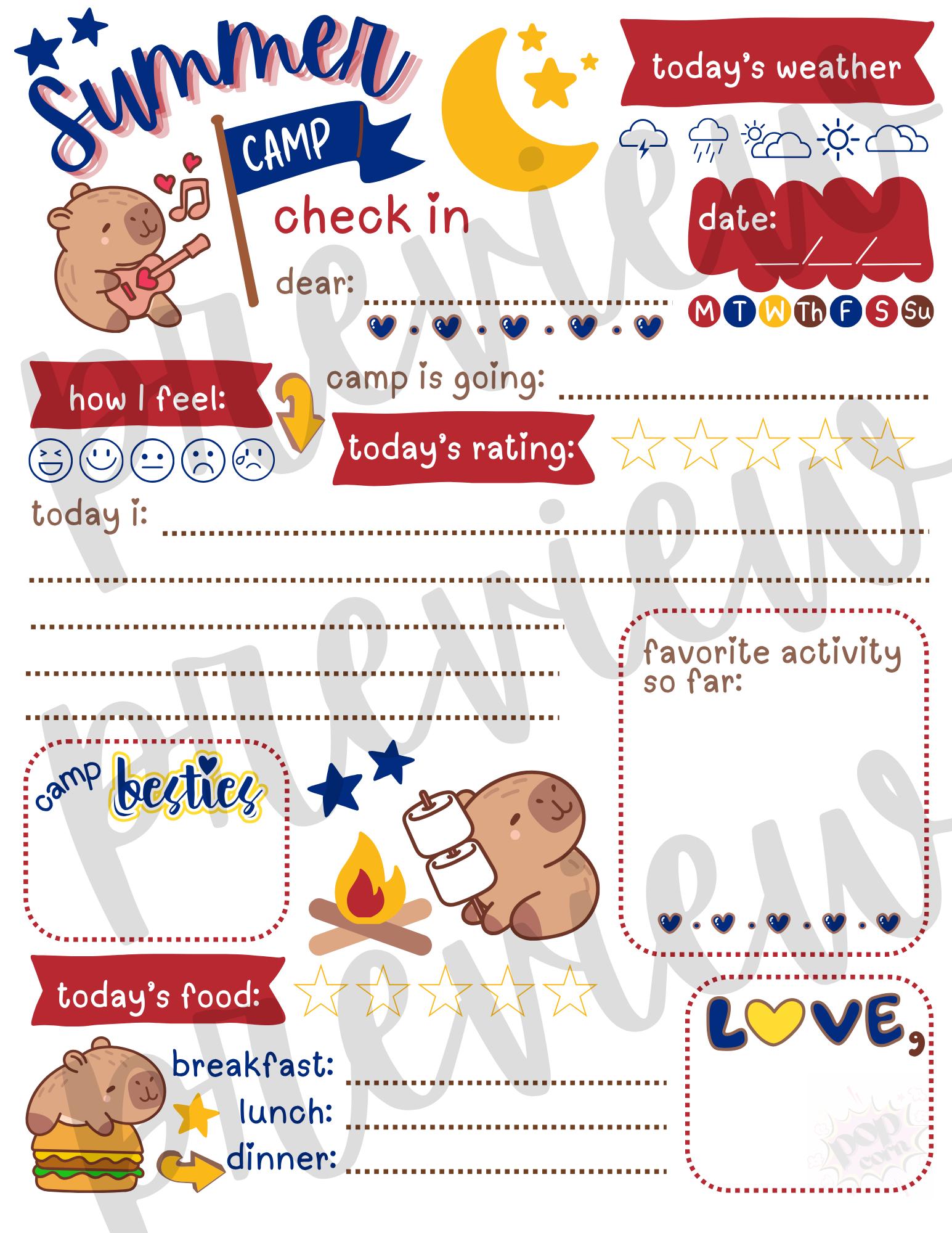 Printable Summer Camp Check-in Page | CAPYBARA THEMED | Kids Camp ...