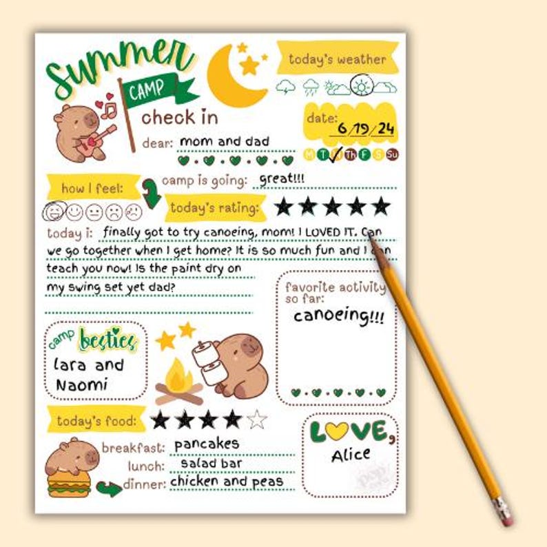 Printable Summer Camp Check-in Page | CAPYBARA THEMED | Kids Camp ...