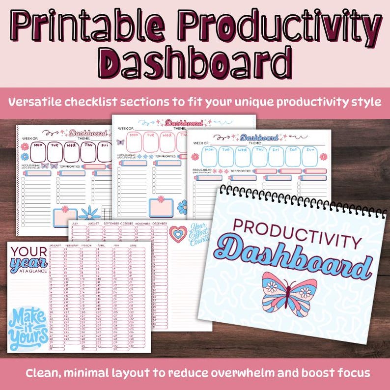 Productivity Dashboard Printables | Weekly Planner Pages + Year-at-a ...