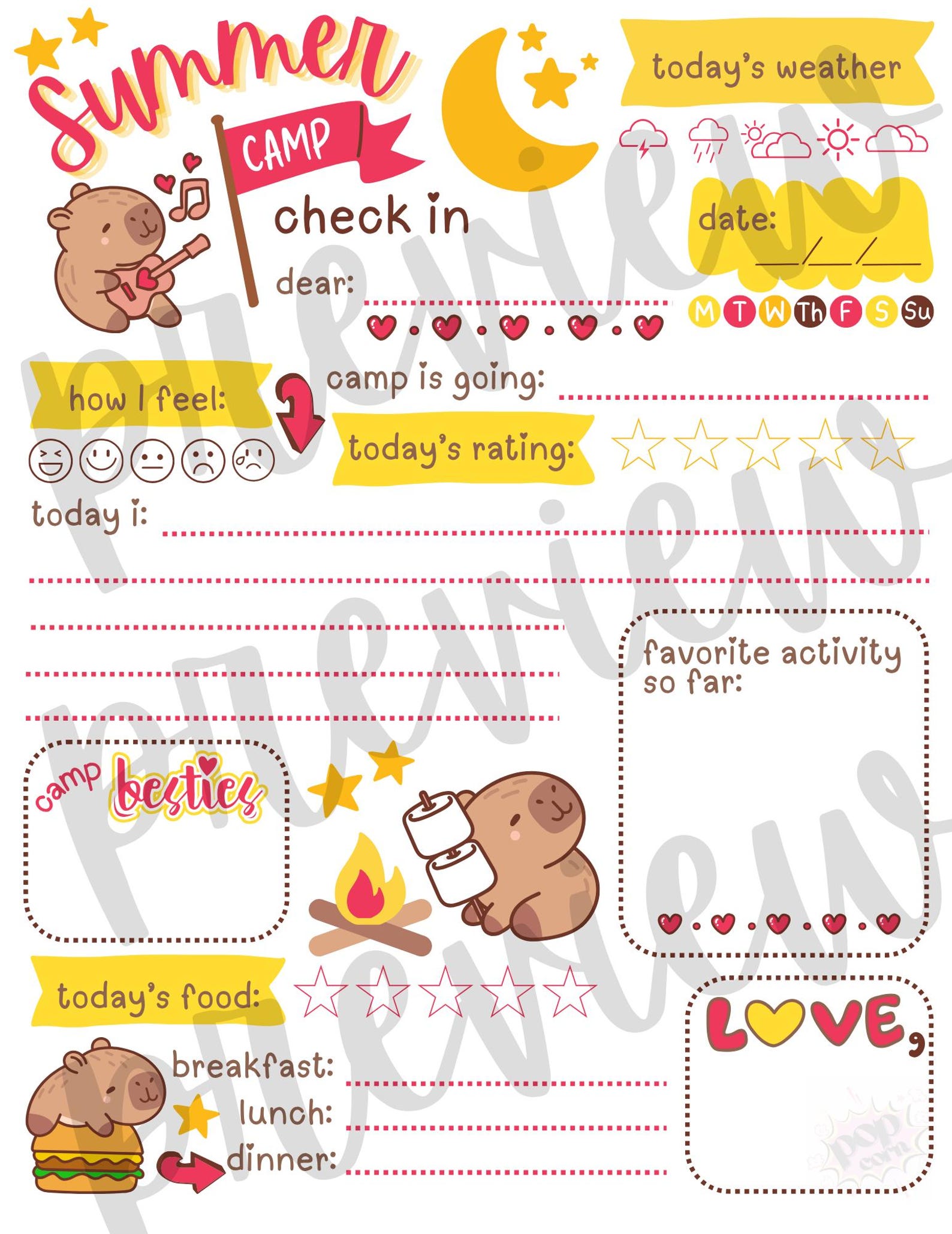 Printable Summer Camp Check-in Page | CAPYBARA THEMED | Kids Camp ...