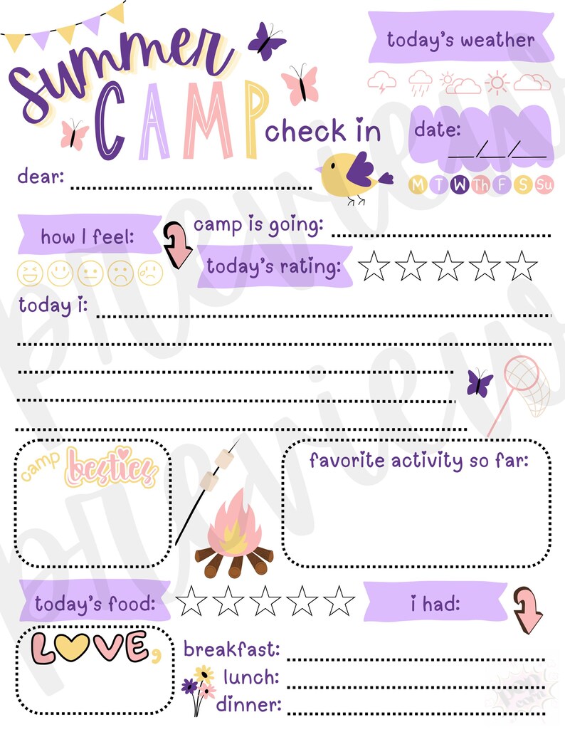 Printable Summer Camp Check-in Page | Kids Camp Journal PDF | Day Camp ...
