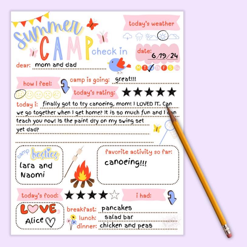 Printable Summer Camp Check-in Page | Kids Camp Journal PDF | Day Camp ...