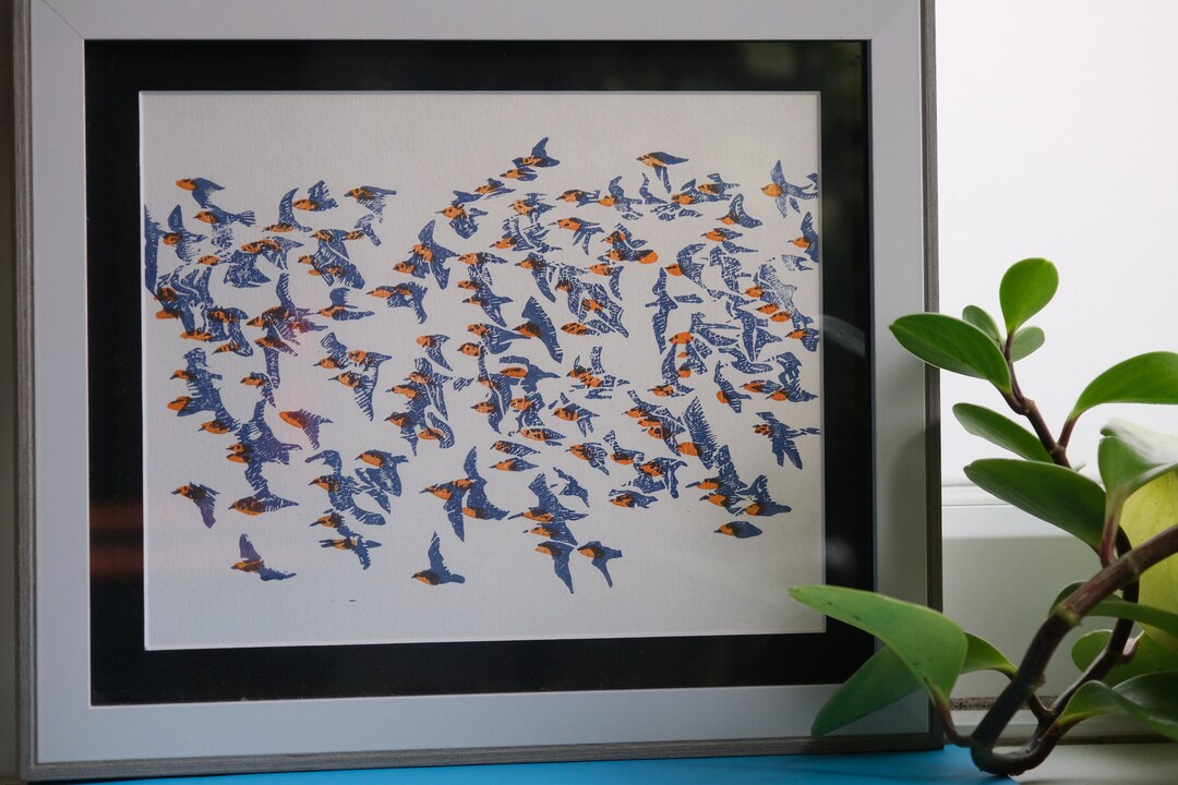 Migrating Birds in Flight Linoprint Hand Printed I Nature Print I Bird ...