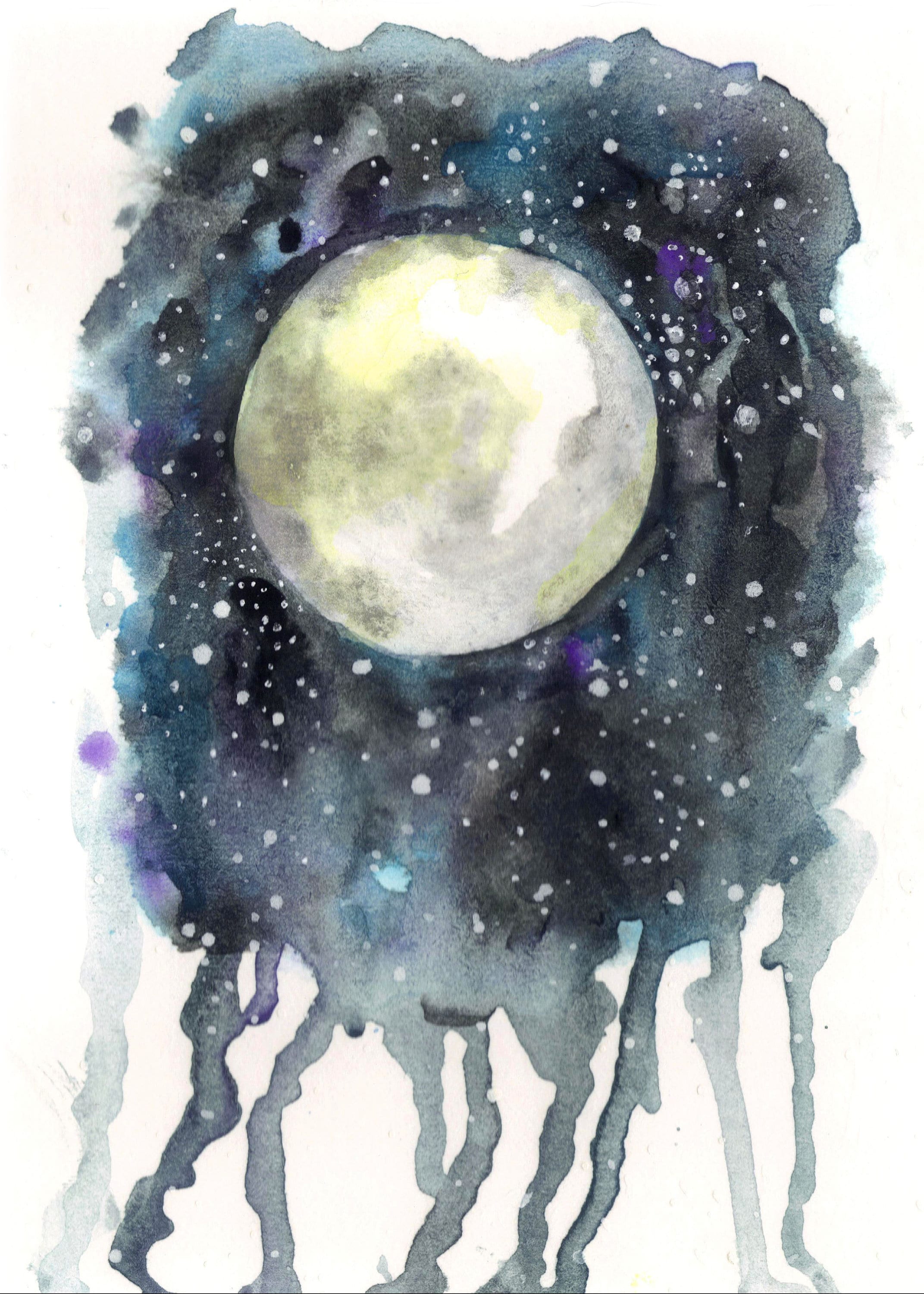 Moon Drip Watercolor Print Cosmos Celestial Drop Blue Purple Stars ...