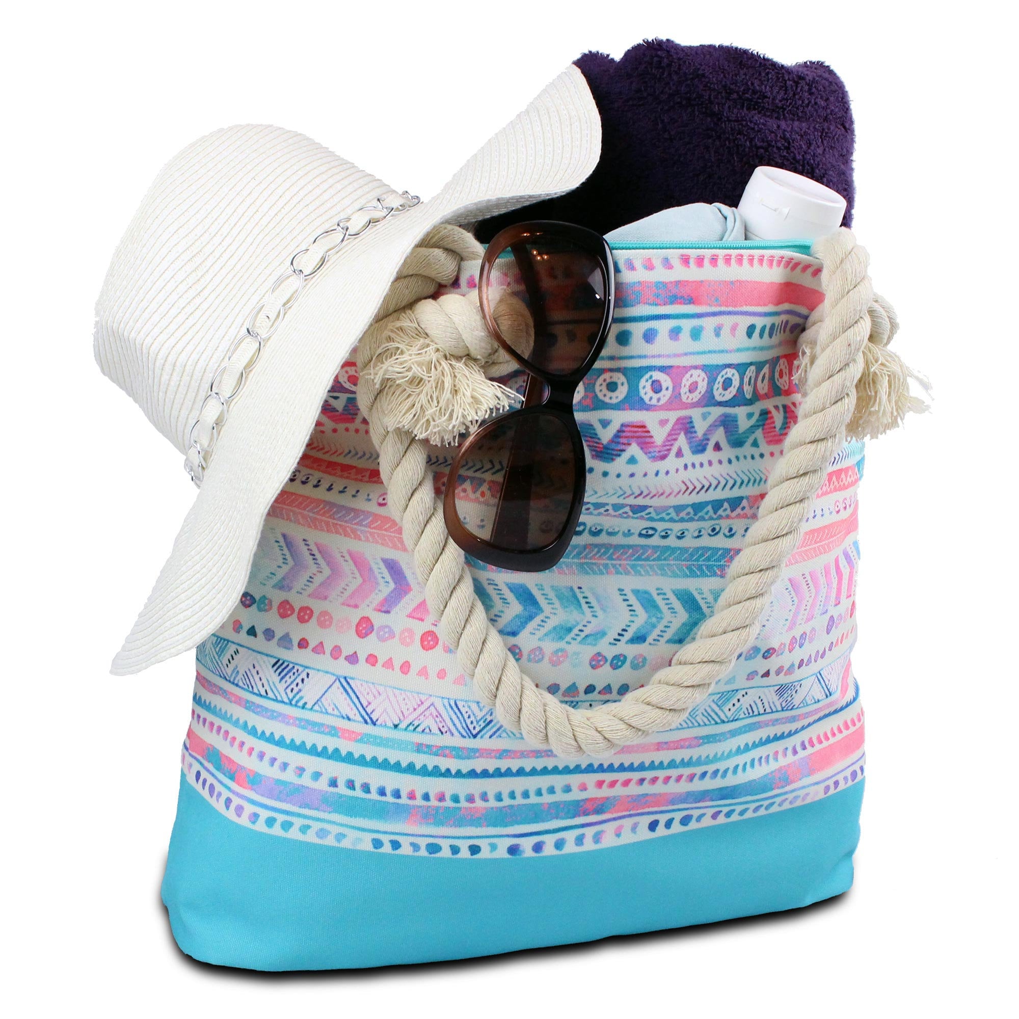 Water Resistant Beach Bag, Boho Canvas Beach Tote With Rope Handles ...