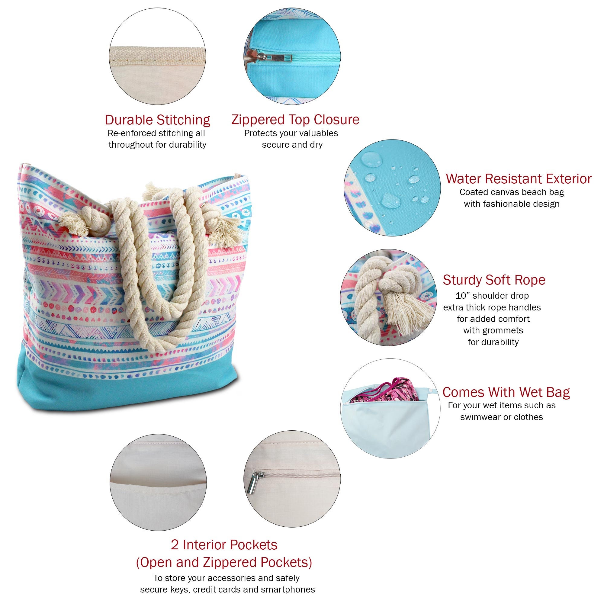 Water Resistant Beach Bag, Boho Canvas Beach Tote With Rope Handles ...