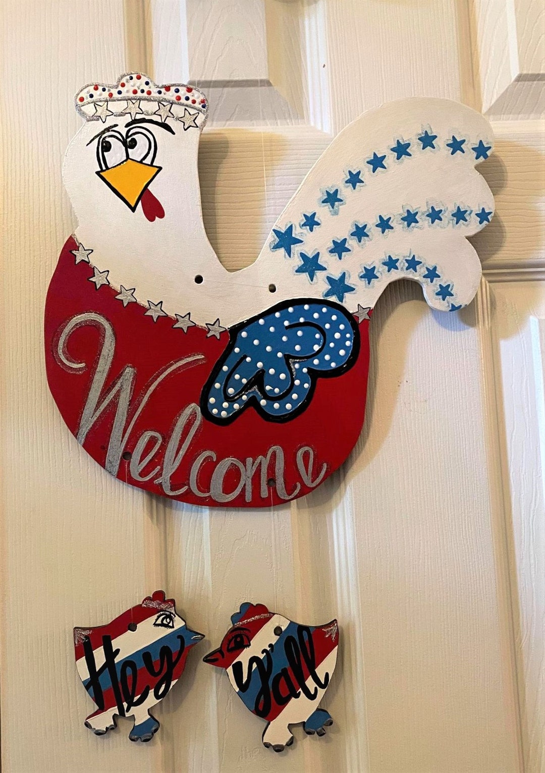 Handmade Wooden Chicken Welcome Sign: Mama Hen and Chicks Door Hanger ...