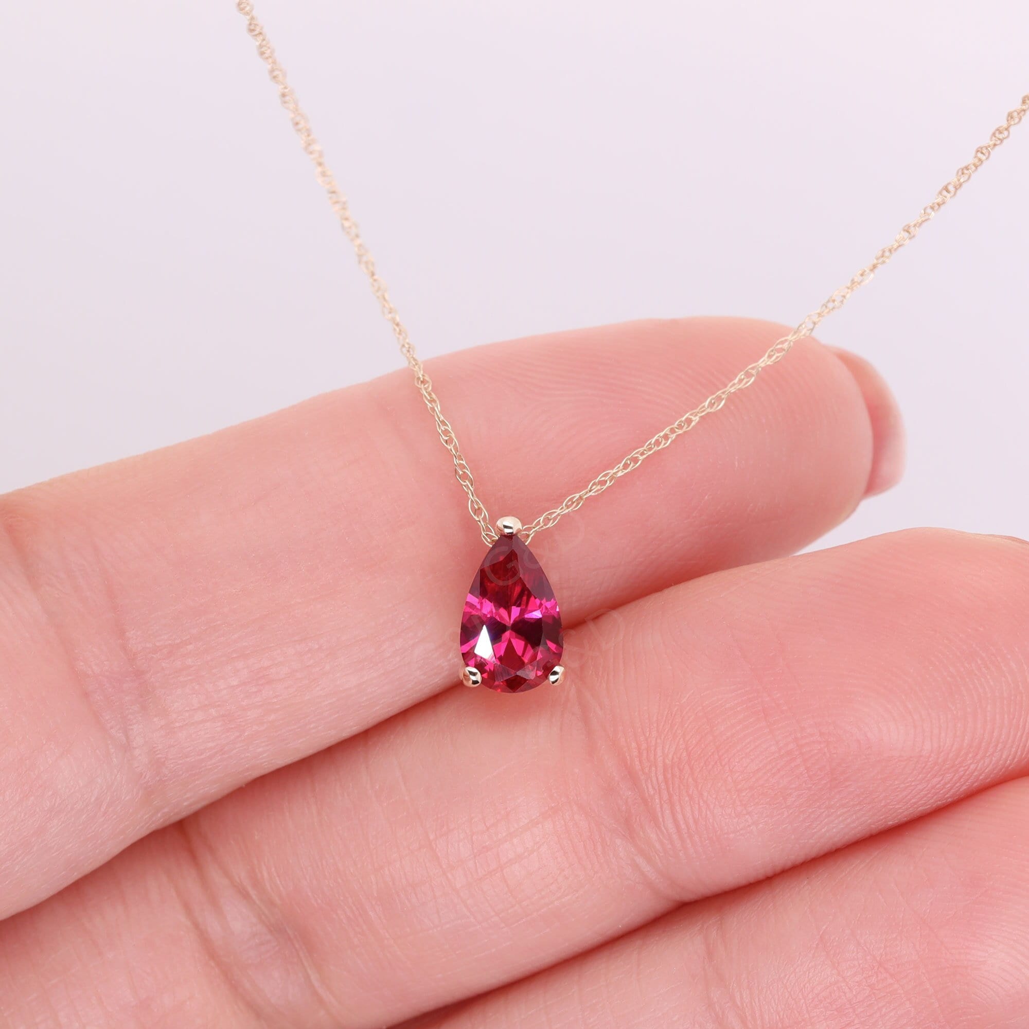 Personalized 14K Gold Ruby Necklace, Birthstone Necklace Gifted, Dainty Necklace Gift, Teardrop ...