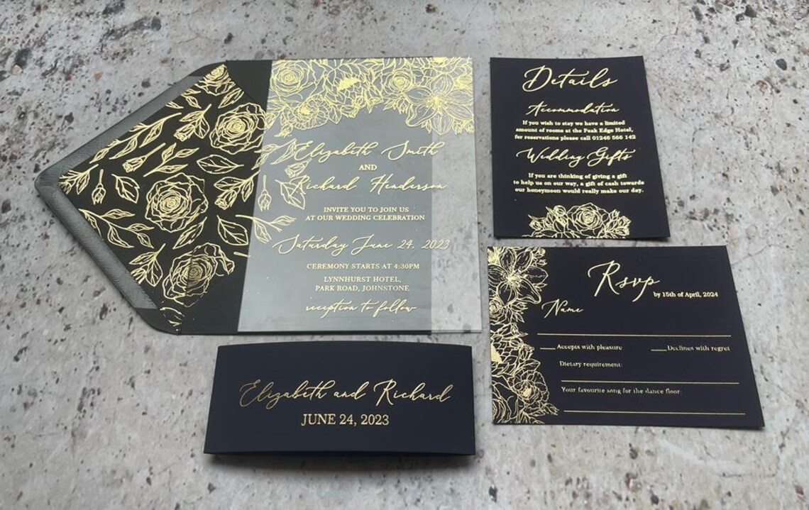 SEPHORA Acrylic Wedding Invitation Set , Gold Silver Rose Gold Foil - Etsy