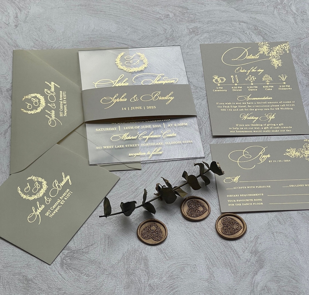 Elegant Acrylic Wedding Invitations With Rsvp, Gold Foil Wedding Invite ...