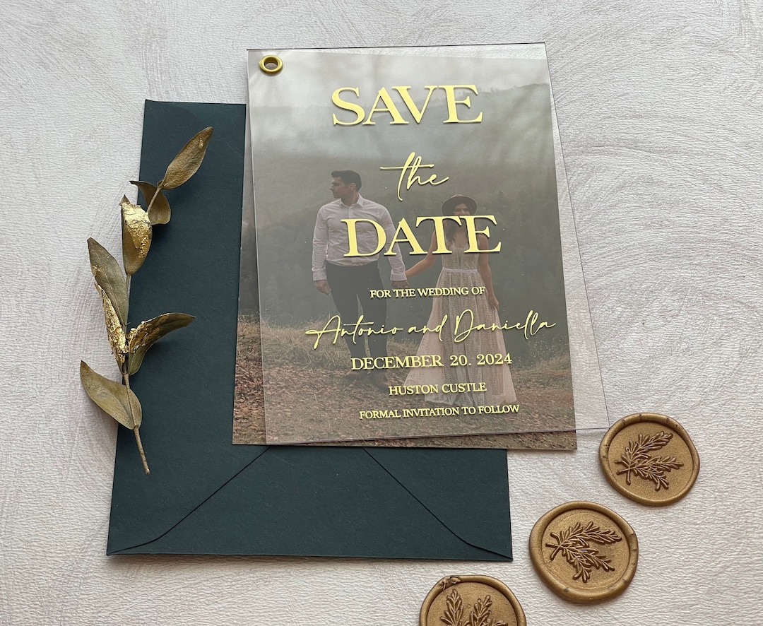 Acrylic Save the Date Invitations | Photo Save the Dates With Gold ...