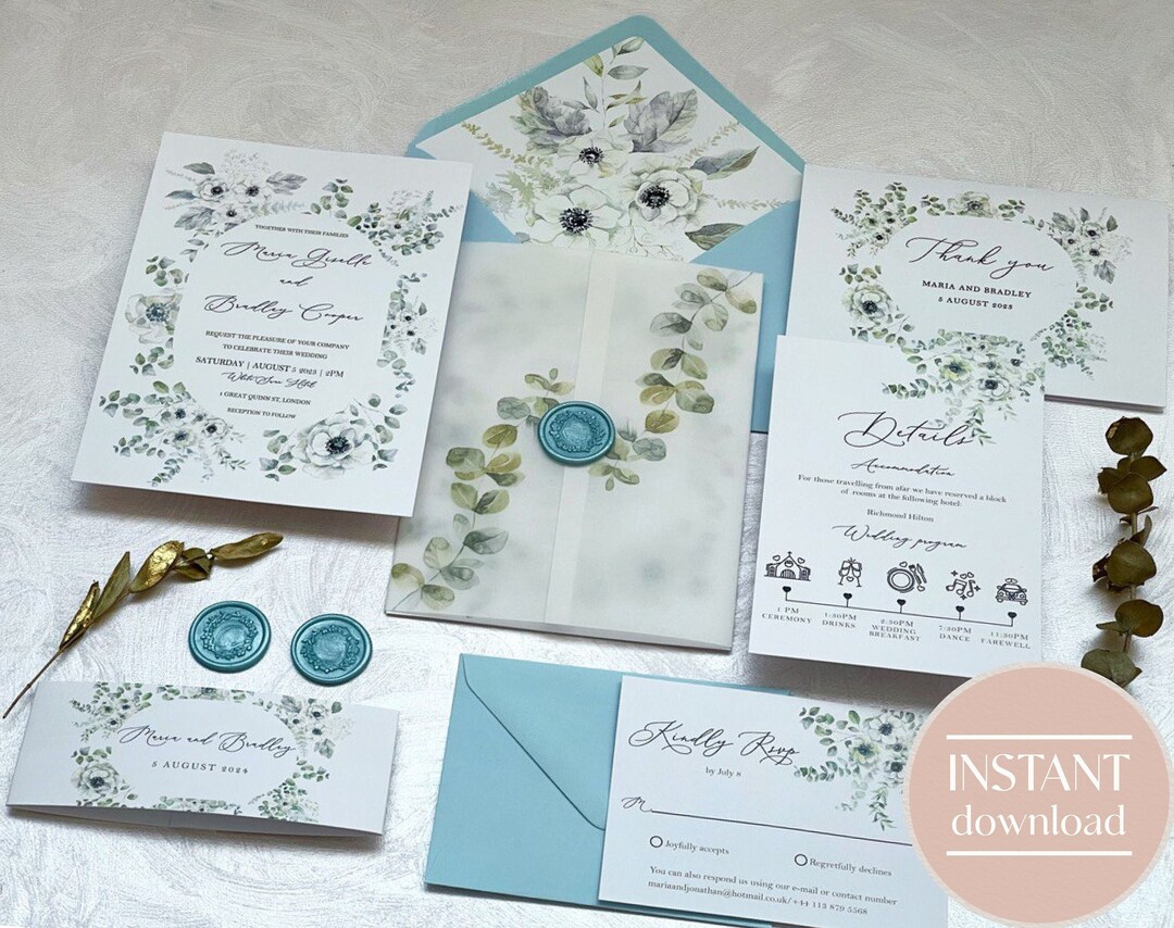 Dusty Blue Wedding Invitation Template With Vellum Jacket and Bellyband ...