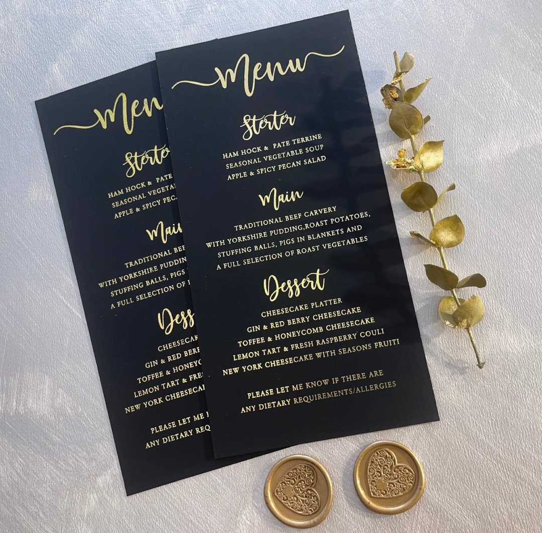 Black Wedding Menu Cards Gold, Silver, Rose Gold Foil - Etsy