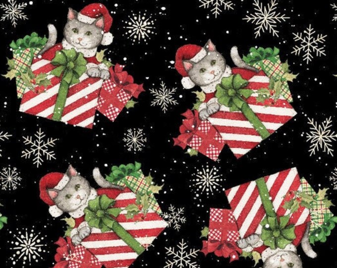 Cat Fabric Christmas Cat Fabric Pattern Candy Cane Stocking Mistletoe ...