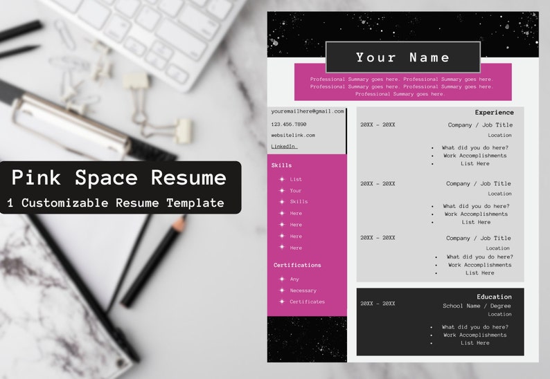 Creative, Unique, Stand Out, Minimalist Pink Space Resume Template for ...
