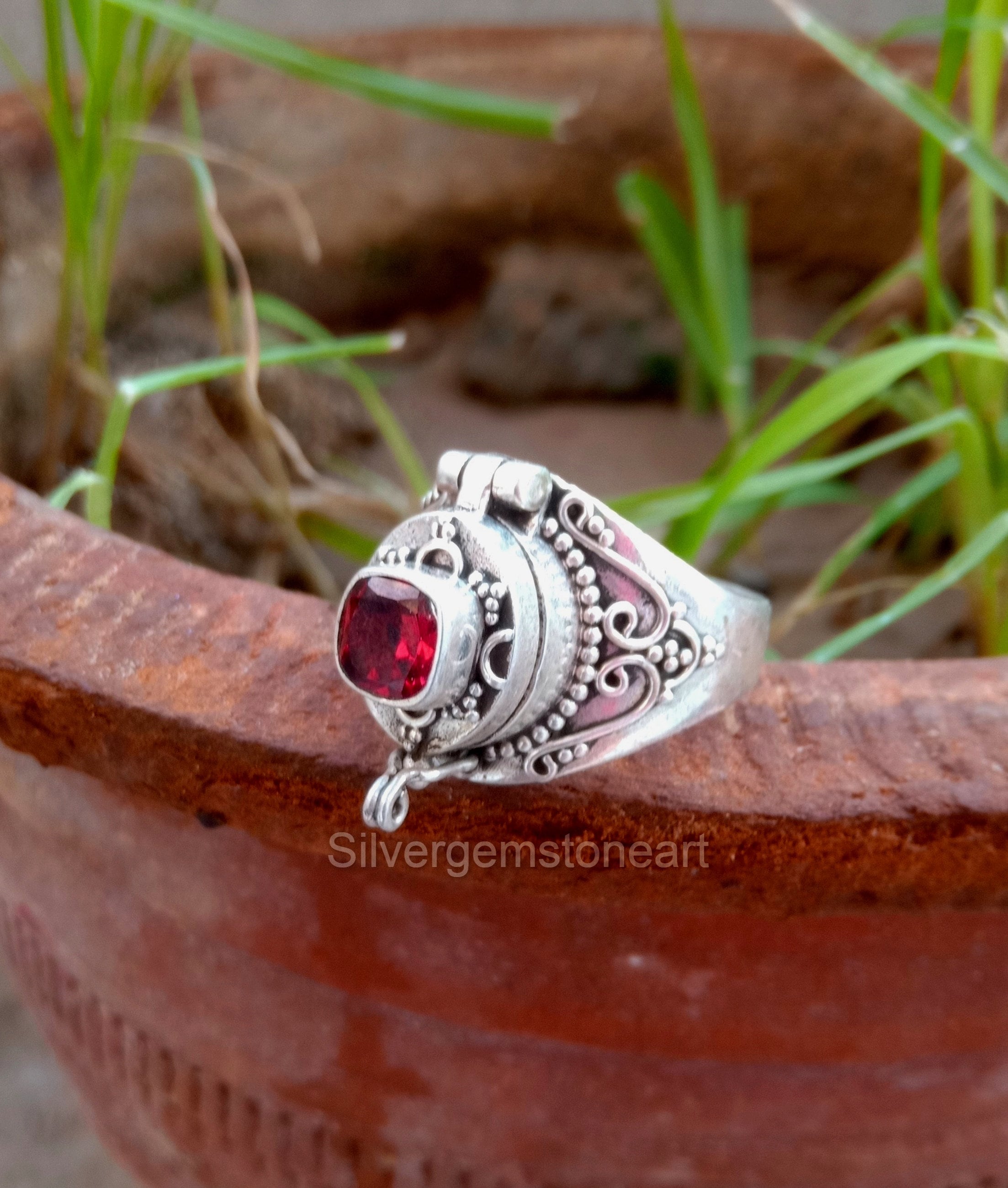 Garnet Ring Poison Box Ring Garnet Cushion Stone Ring - Etsy