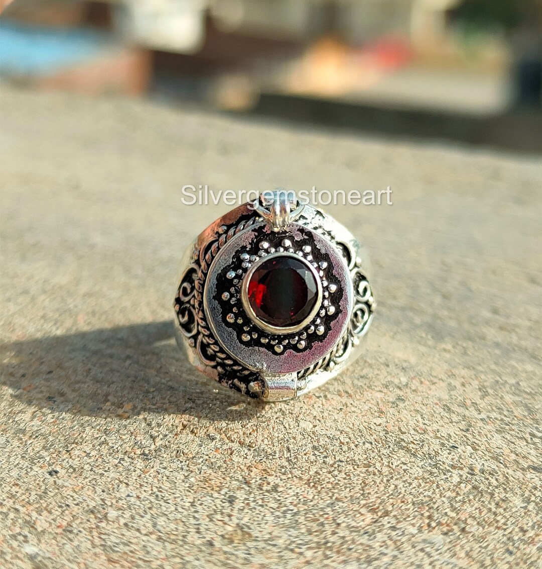 Garnet Ring, Vintage Poison Box Ring, Antique Poison Ring, Pillbox Ring ...